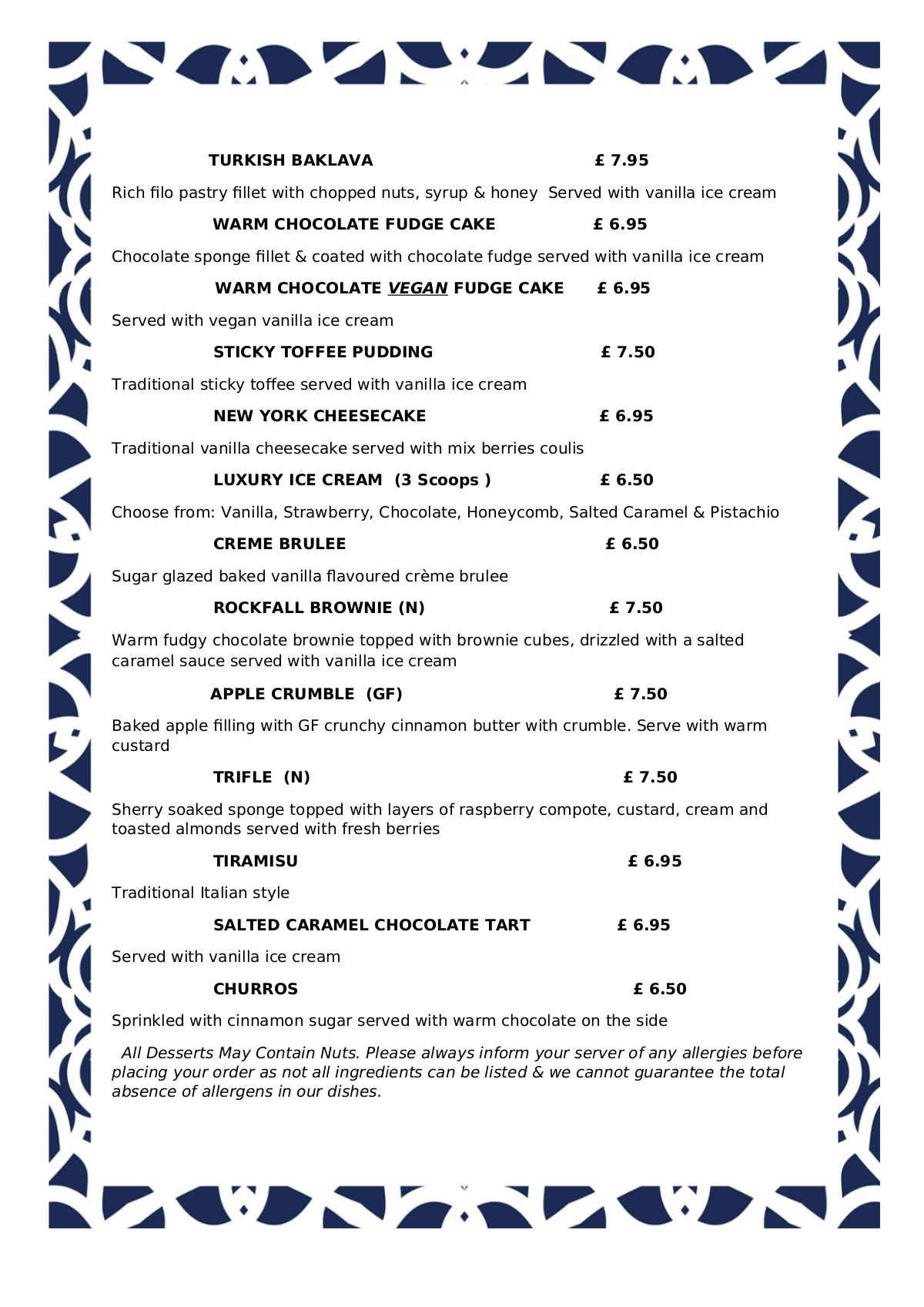 Dessert Menu – A la Turka