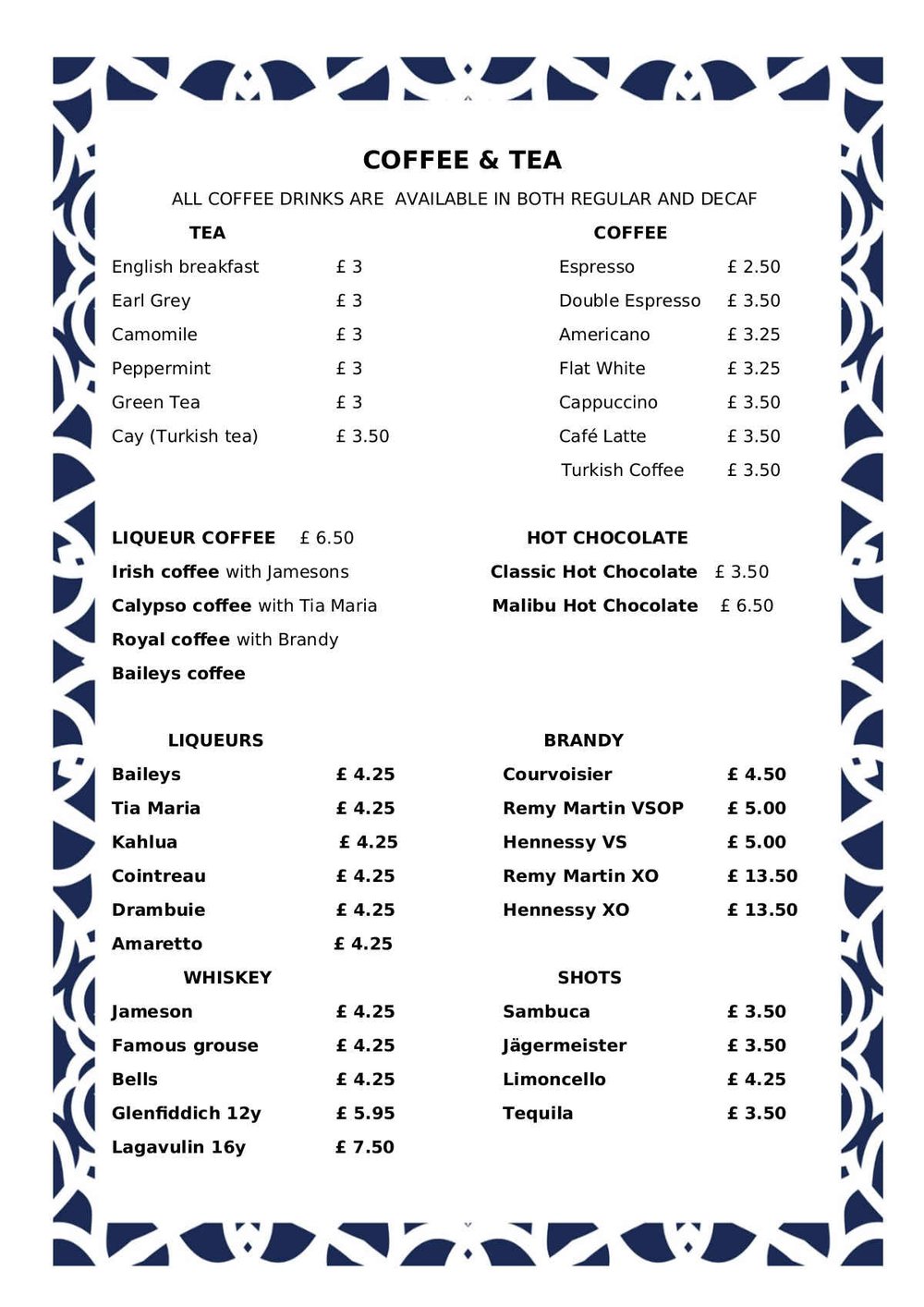 Dessert Menu – A la Turka