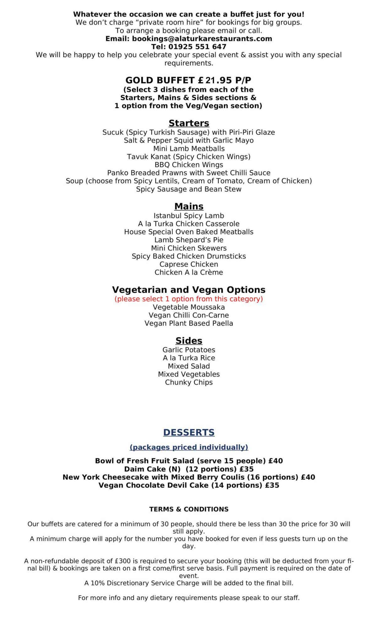 Buffet Menu – A la Turka