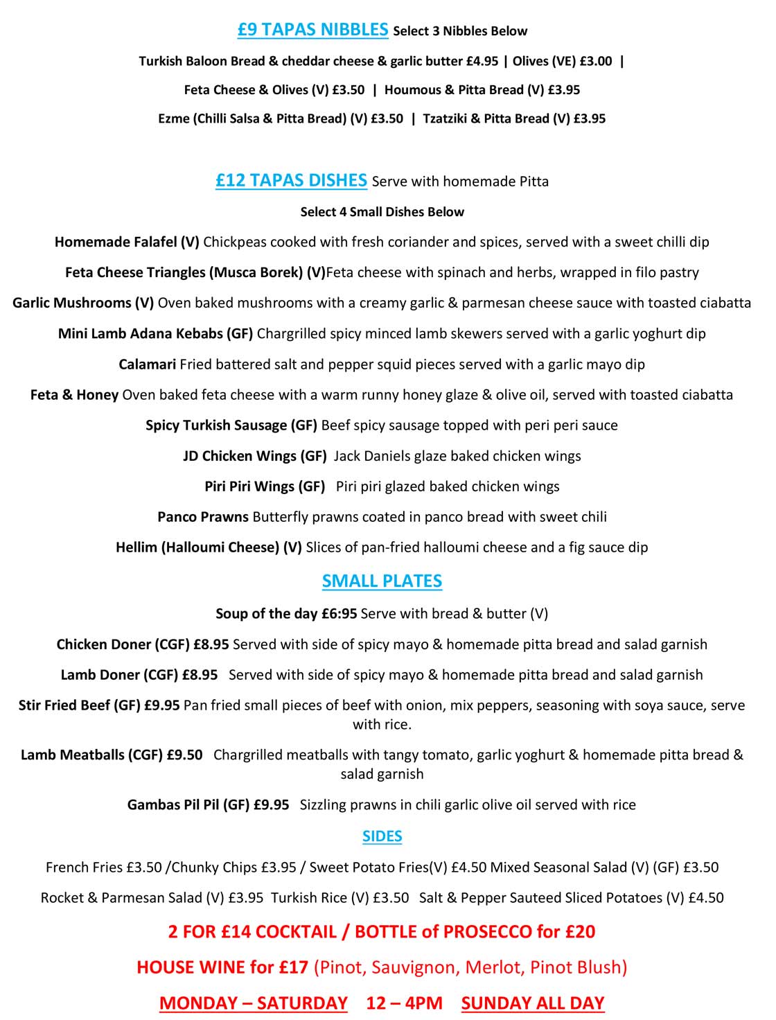 Lunch Menu – A la Turka