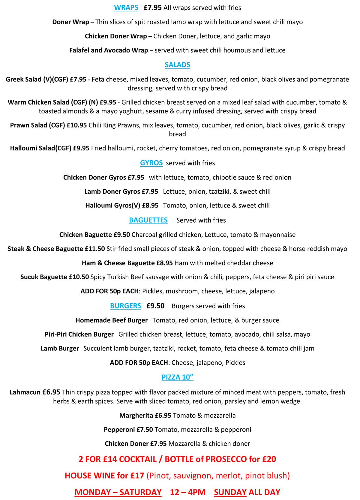 Lunch Menu – A la Turka