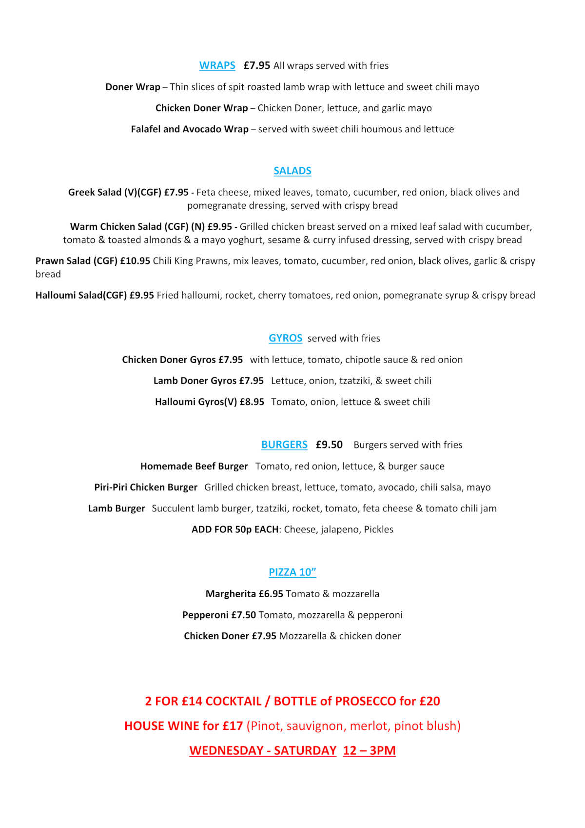 Lunch Menu – A la Turka