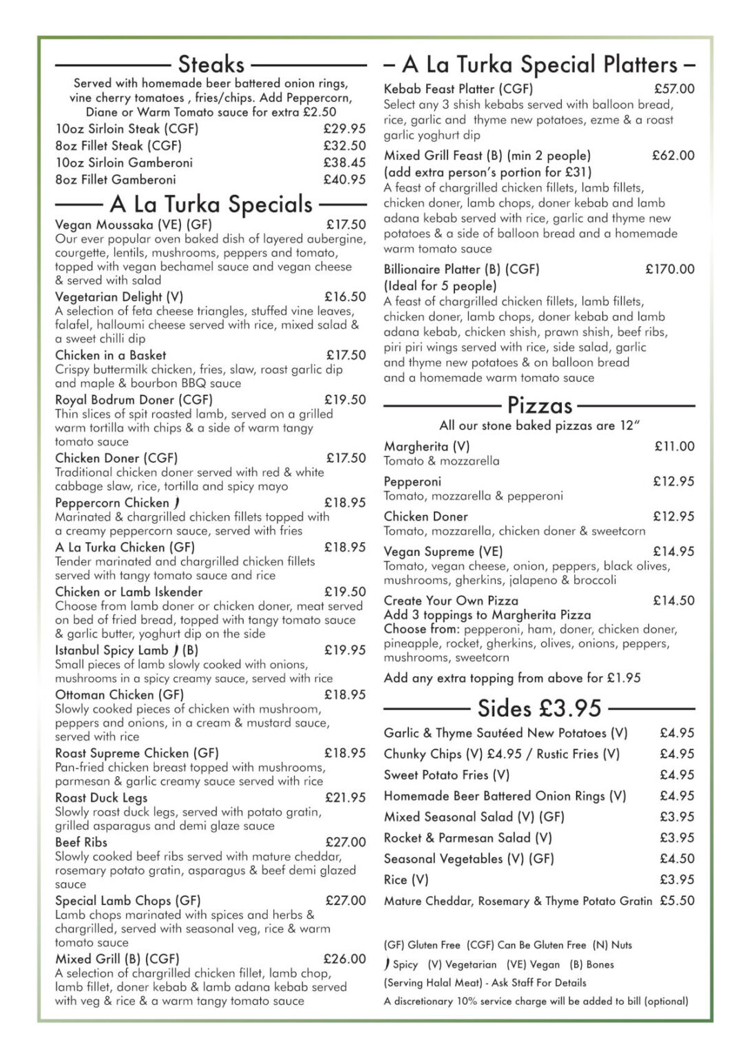 A la Carte Menu – A la Turka
