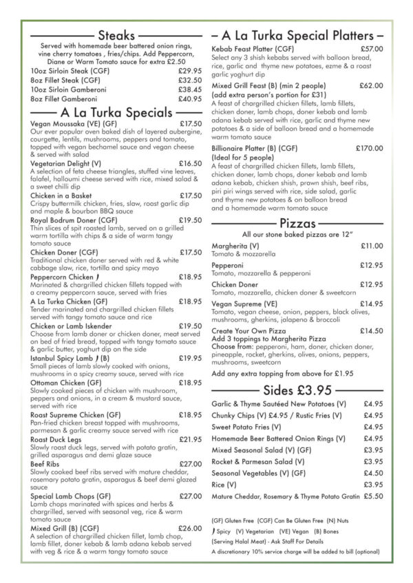 A la Carte Menu – A la Turka