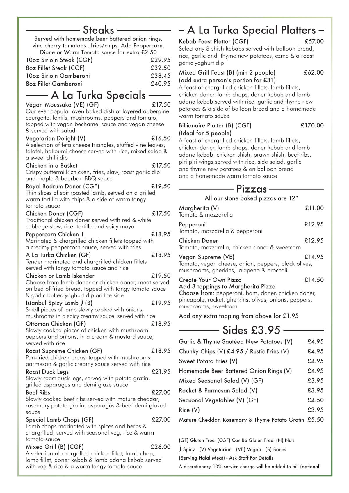 A la Carte Menu – A la Turka