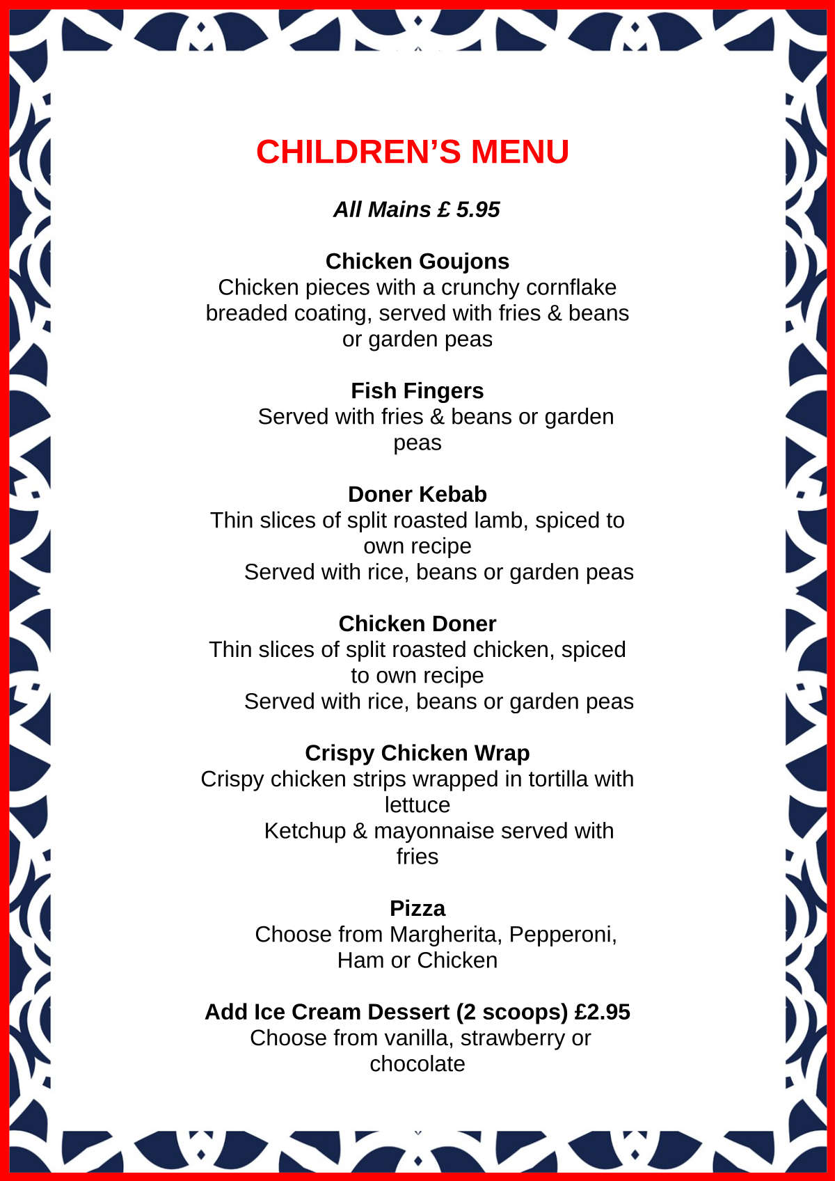 Children’s Menu – A la Turka