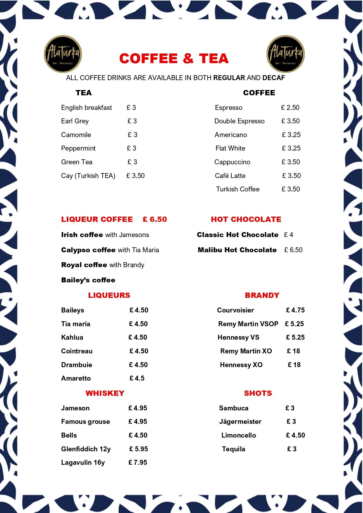 Dessert Menu – A la Turka